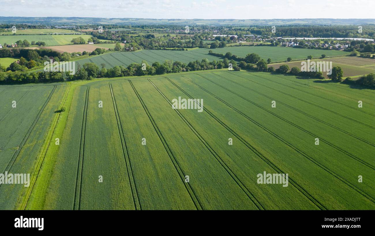 Aerial view of farmland and the Weald of Kent looking north from above ...