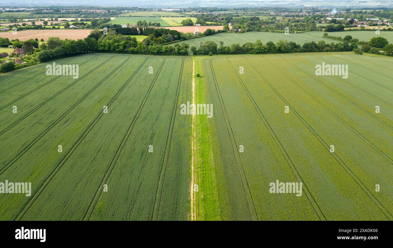 Aerial view of farmland and the Weald of Kent looking north from above ...