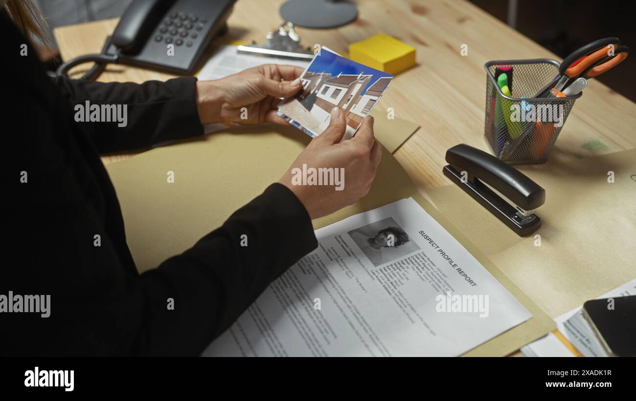 A woman examines a house photograph in a police office, with evidence ...