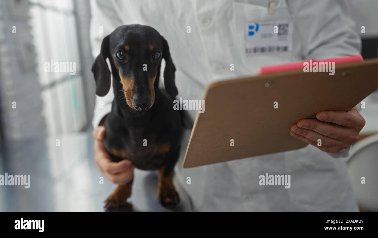 A male veterinarian examines a dachshund at a veterinary clinic ...