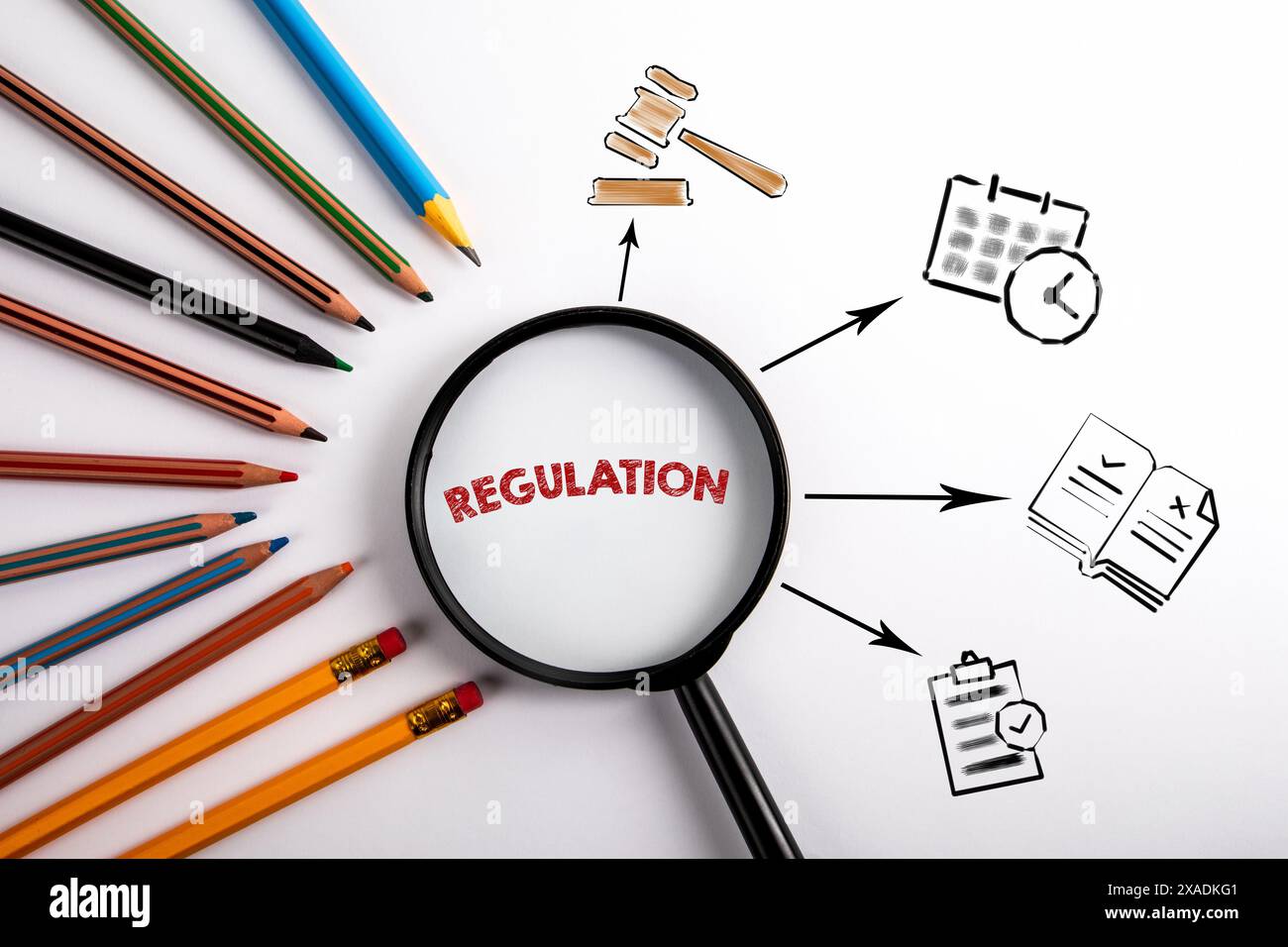 REGULATION Concept. Black magnifying glass on a white background Stock ...