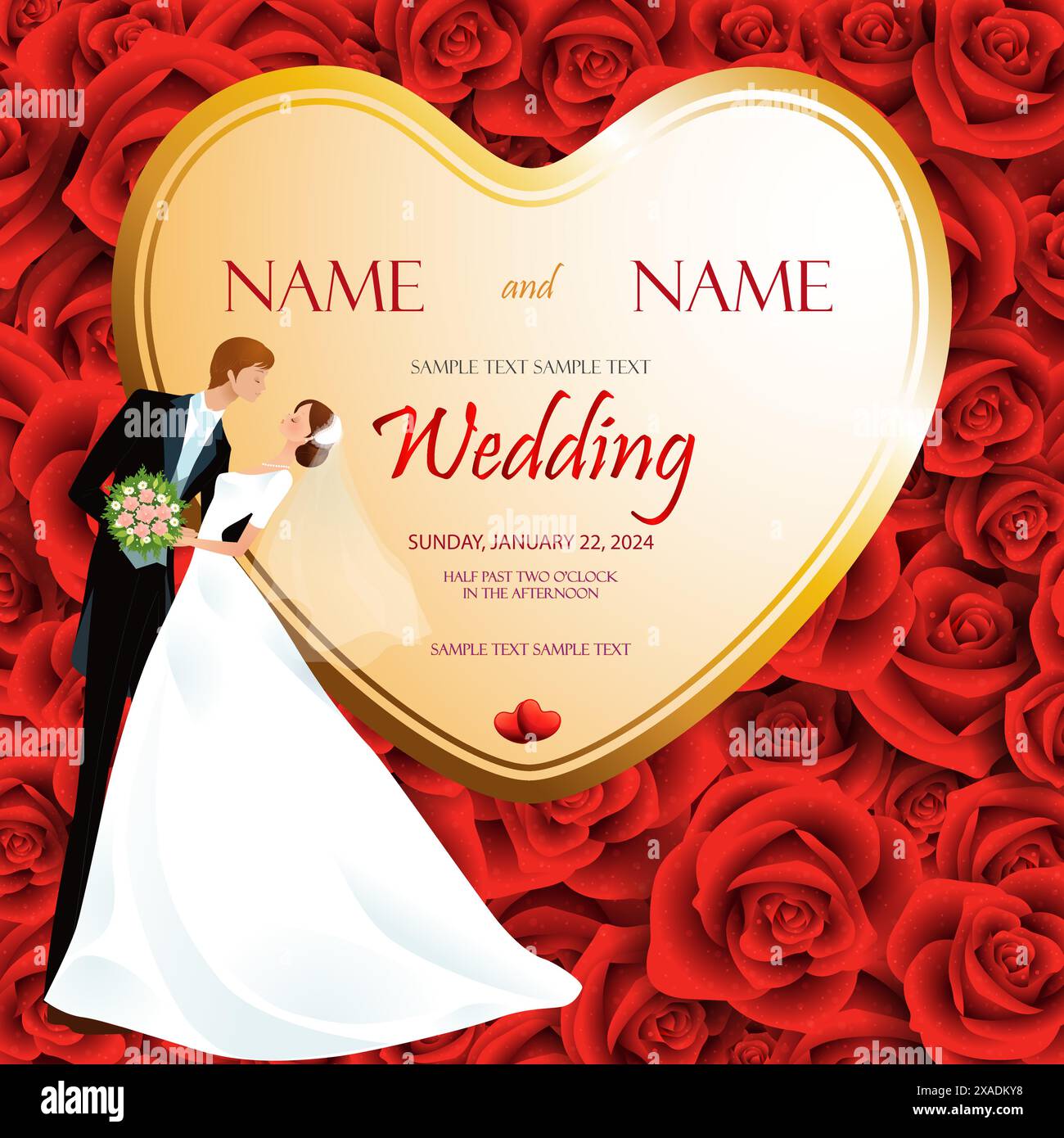 Bride and groom wedding invitation with rose background Stock Vector ...