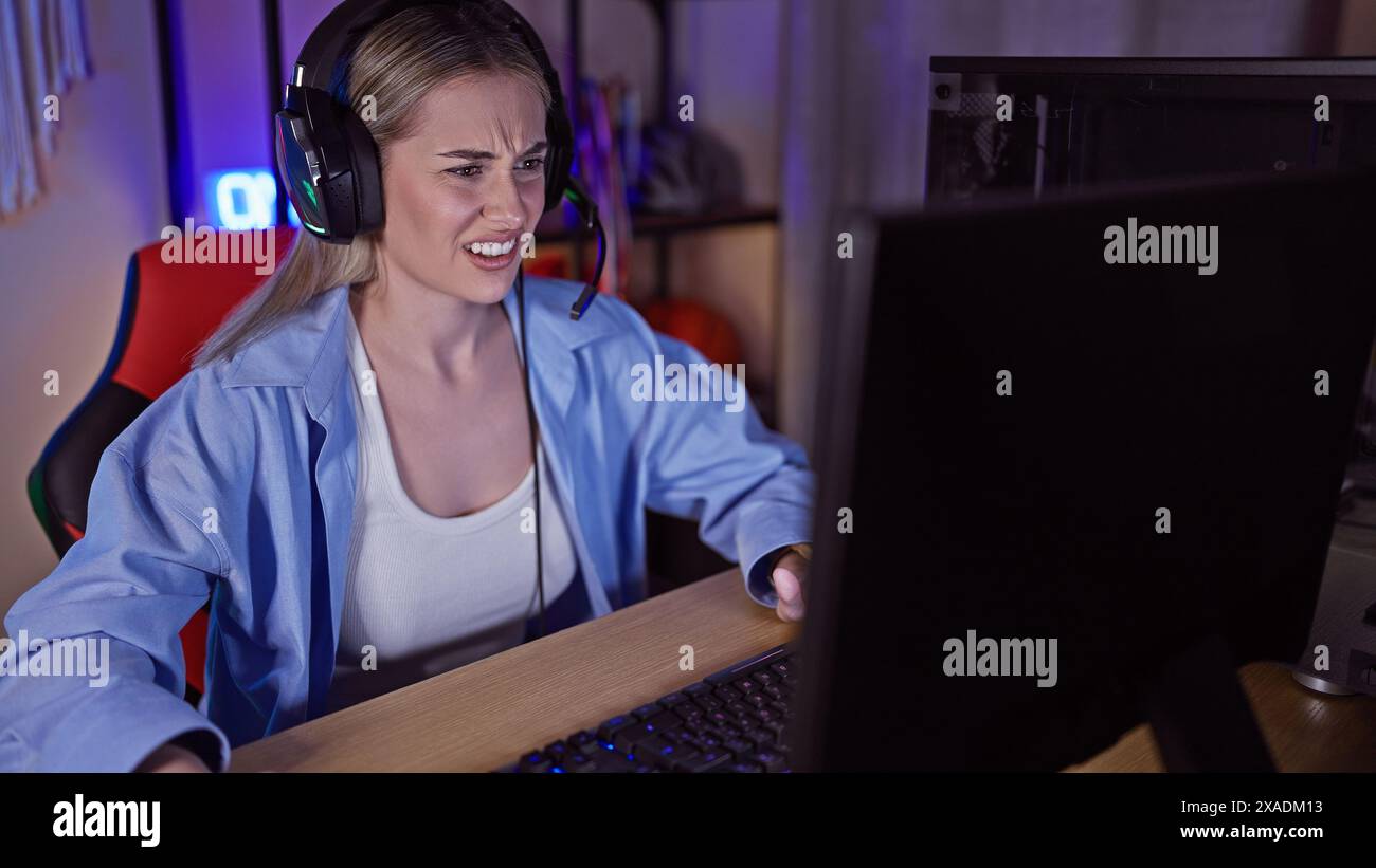 An intense young woman gaming in a dark, neon-lit room, focused and ...