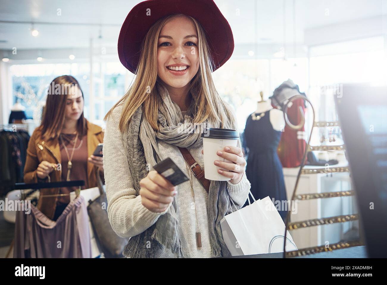Woman, happy customer and portrait with credit card, shopping checkout ...
