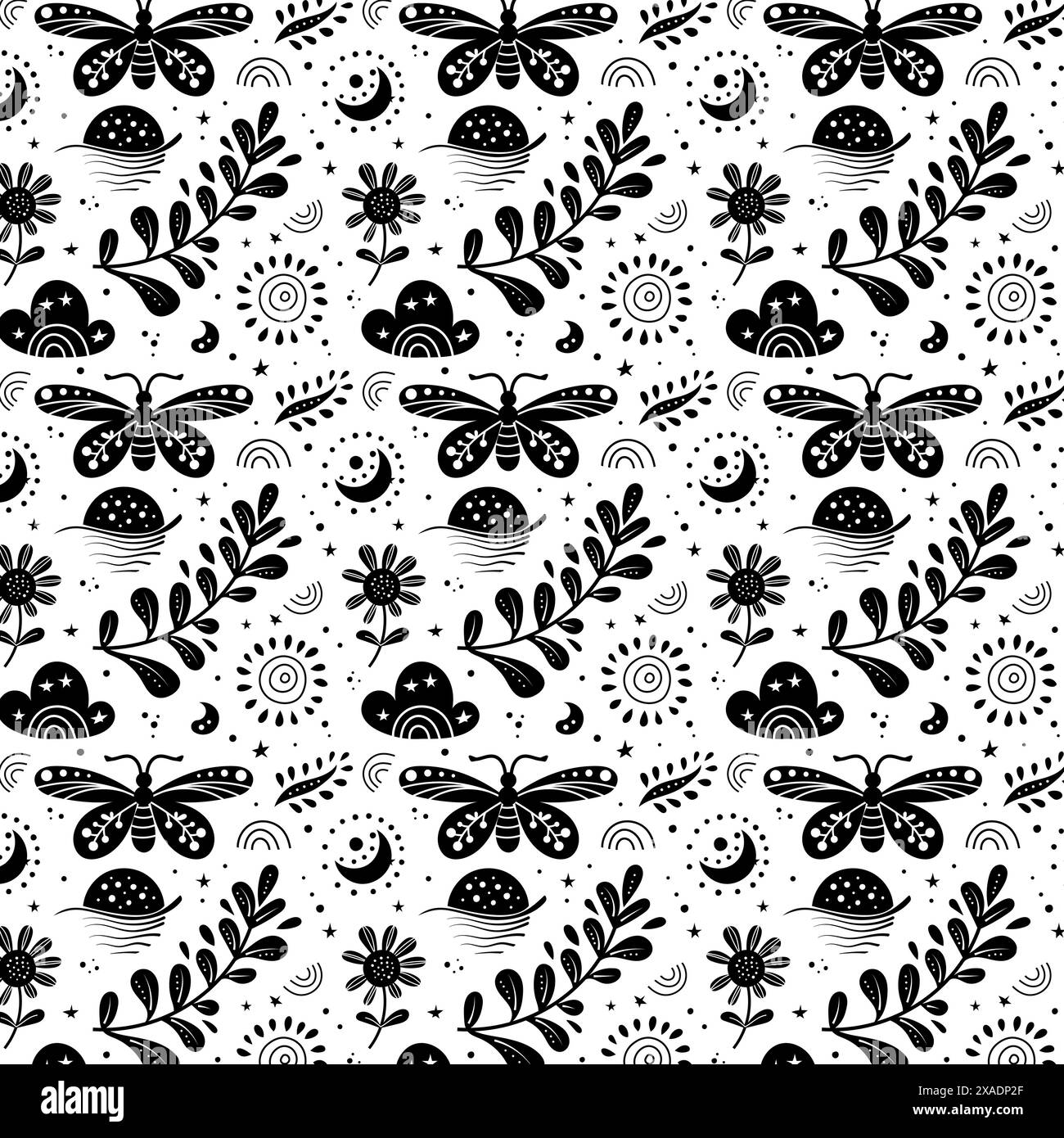 Seamless neo folk art vector pattern with butterfly, moth and flowers ...