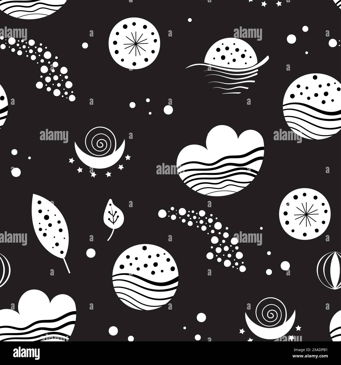 Seamless neo folk patterns with moon, cloud, sun and stars, black and ...