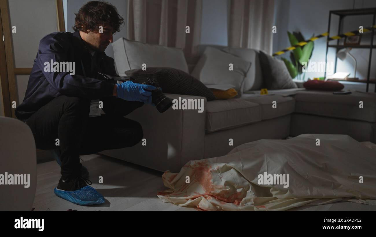 A young hispanic man examines crime scene evidence at an indoor house ...