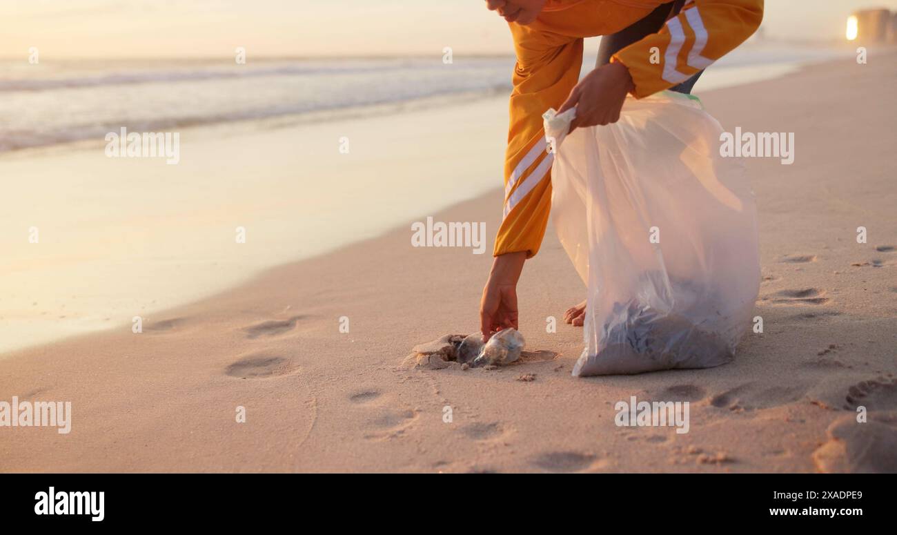 Volunteer, beach and plastic cleaning or pollution in nature or ...