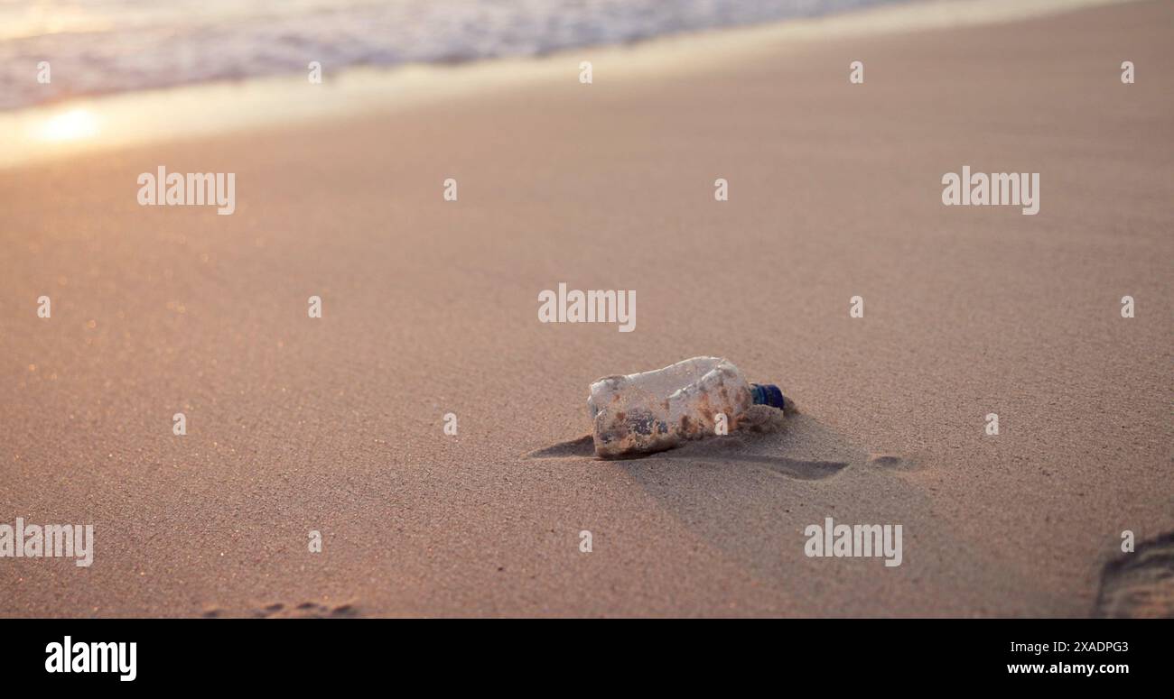 Beach, plastic bottle and pollution in environment for recycling ...