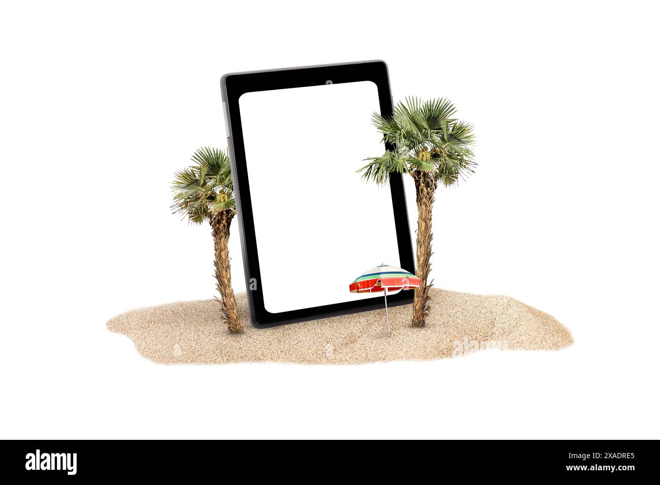 Tablet, mobile phone screen with palms and beach umbrella on the sandy ...