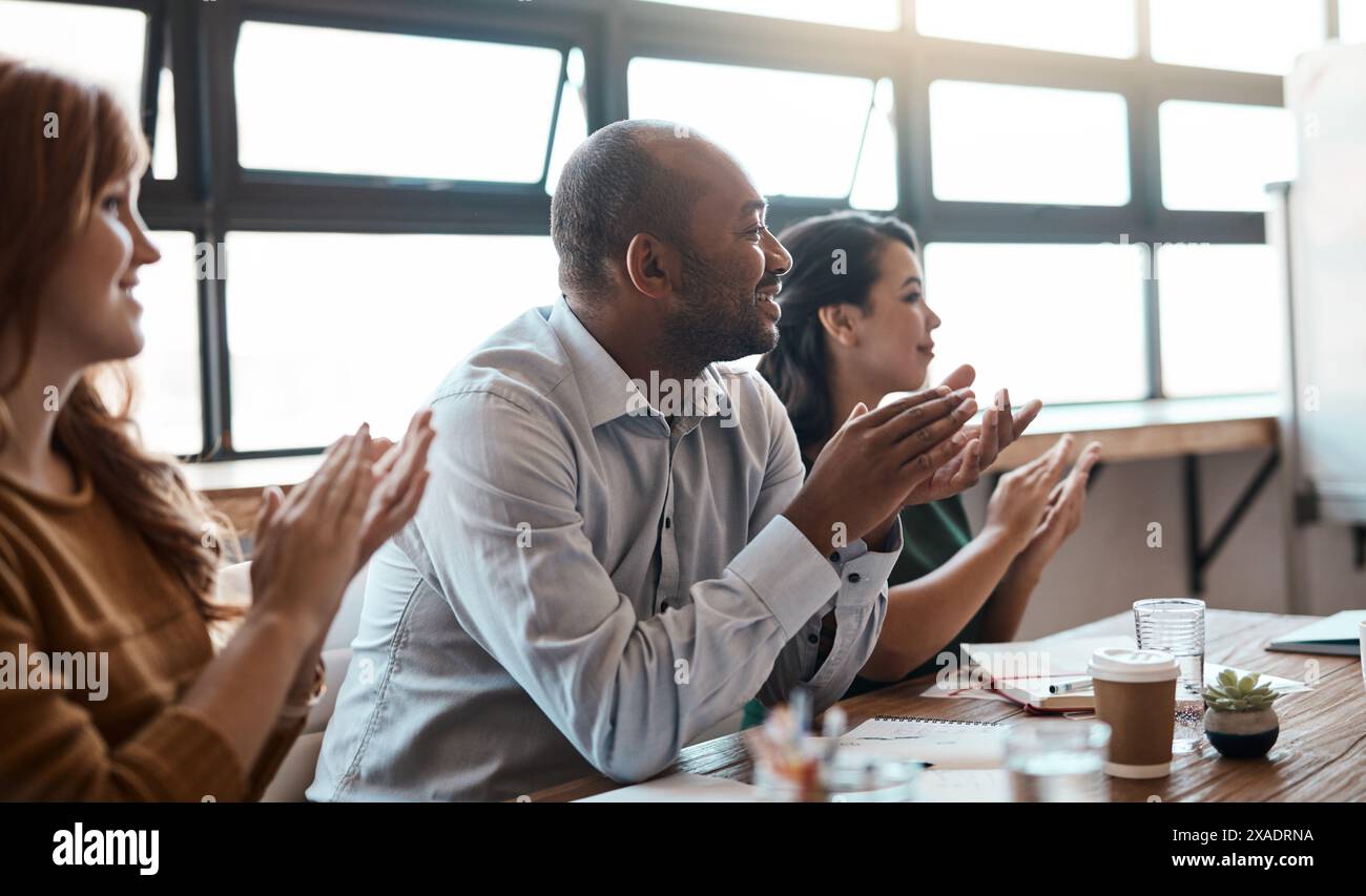Meeting, business people and applause in office for celebration ...