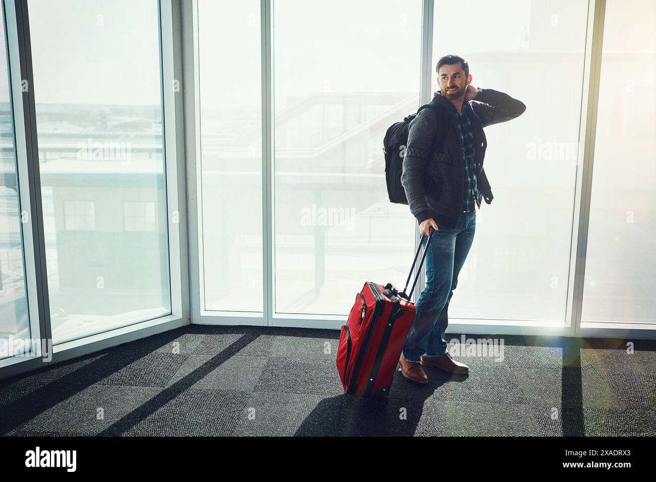 Airport, window and man with suitcase, smile and trip of business in ...