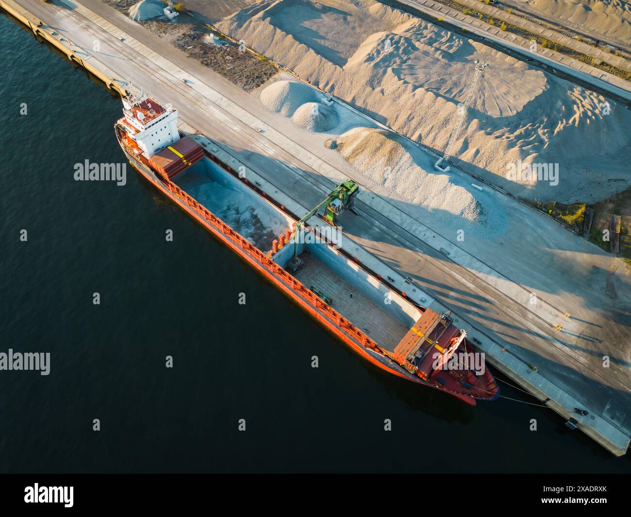 Loading of a dry cargo vessel in the port of Muuga, drone aerial photo ...