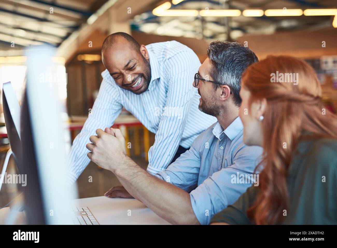 Business people, computer and funny with teamwork, mentor and ideas ...