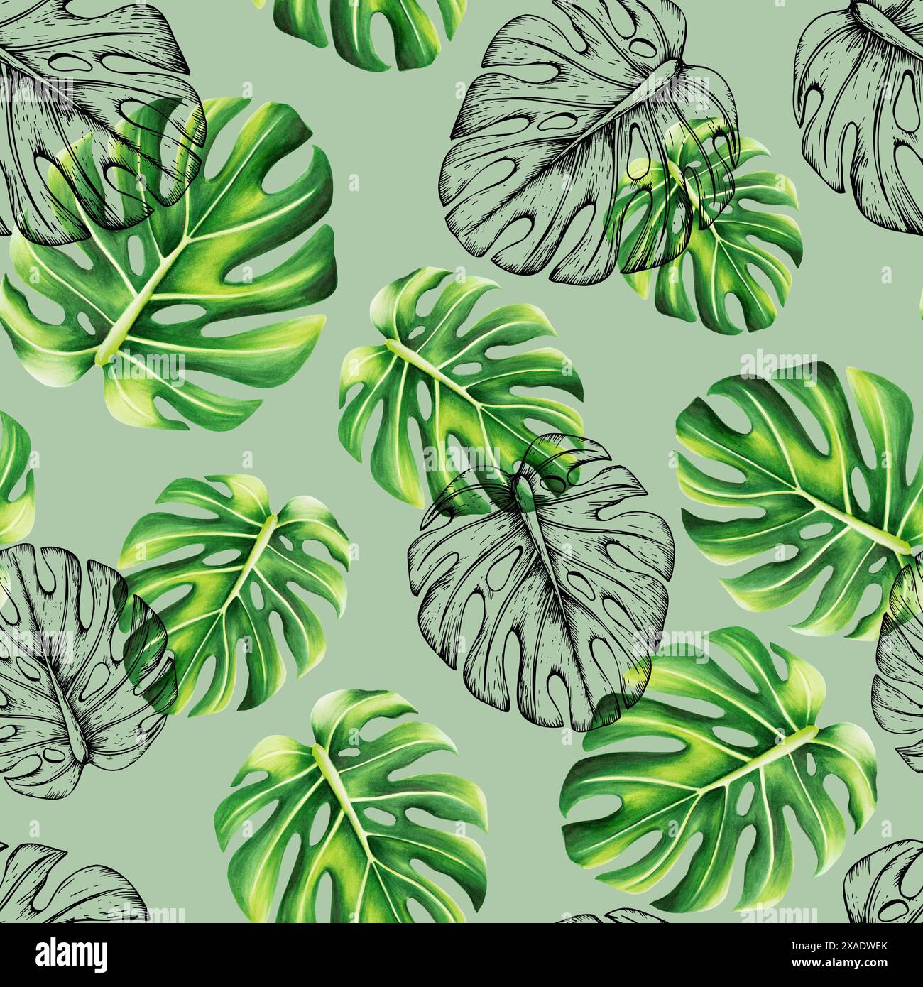 Watercolor seamless pattern with realistic and linear tropical ...