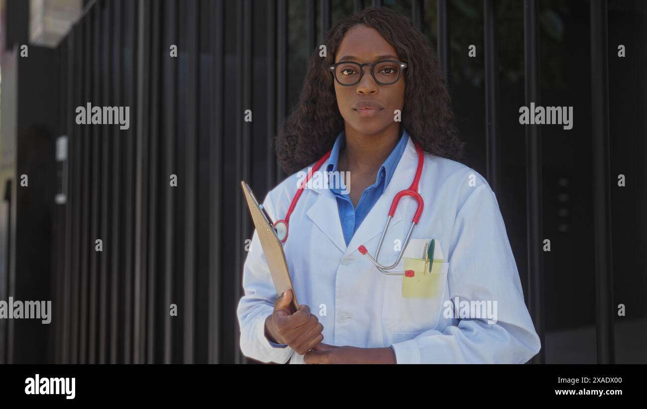 An african american woman doctor with curly hair is standing outdoors ...