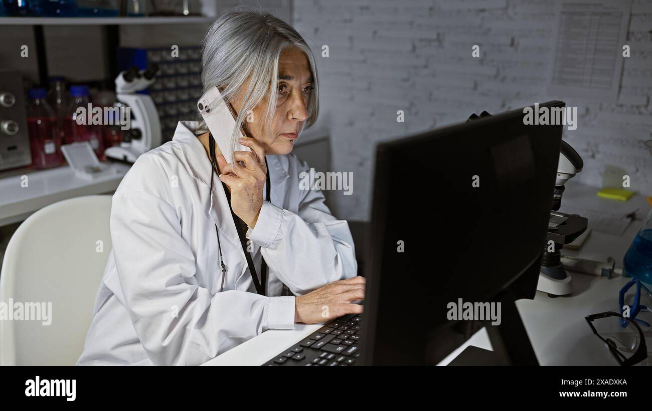 Beautiful, grey-haired, middle age woman scientist engrossed in a serious talk over smartphone ...