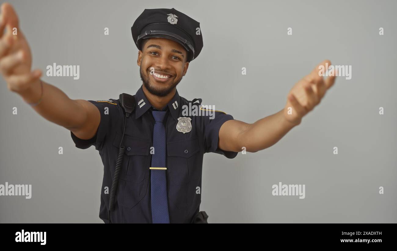 Smiling african american police officer extending arms welcomingly ...