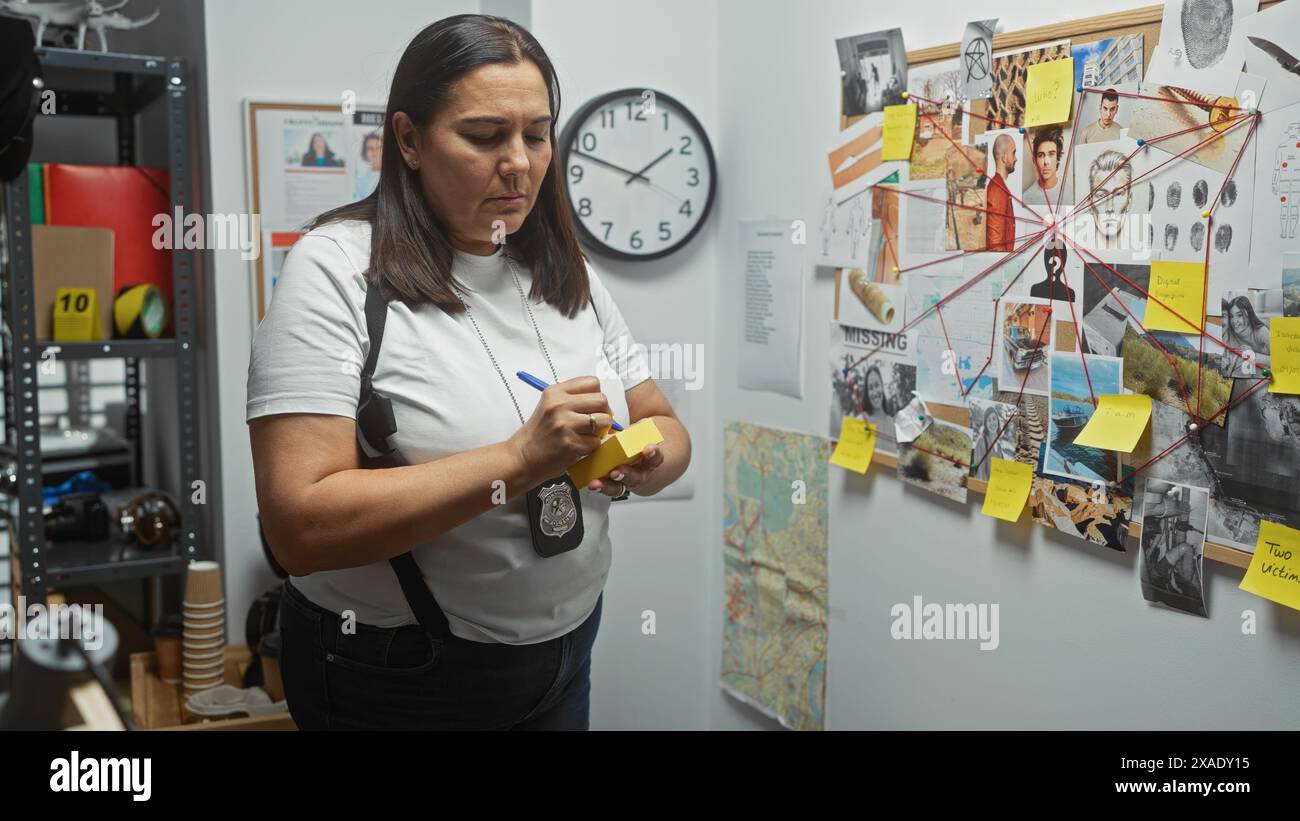 A contemplative woman detective with a badge scribbles on a sticky note ...