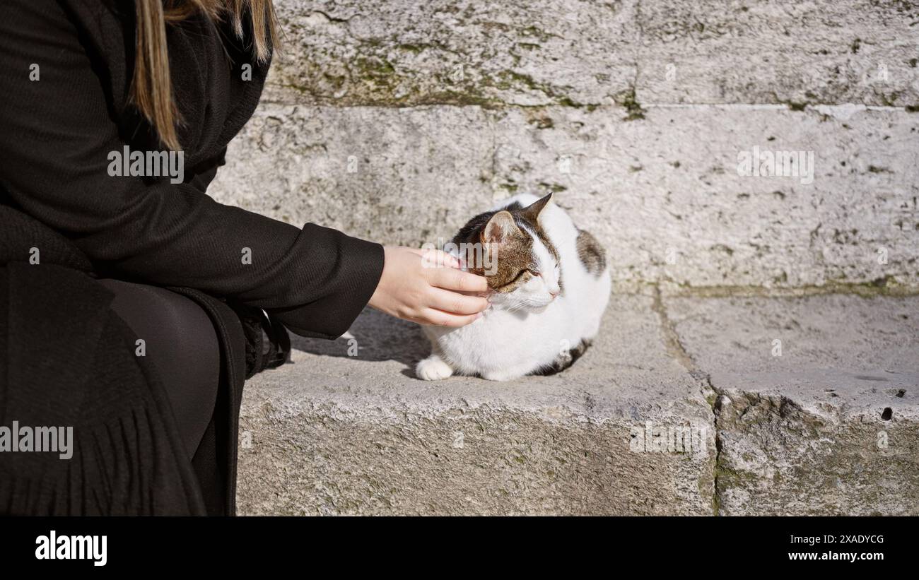 A woman interacts with a cat on an urban street, exemplifying casual ...