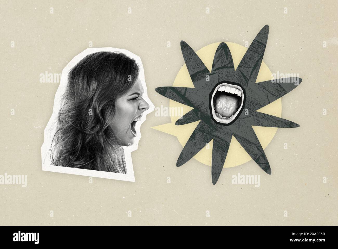 Composite photo collage of angry irritated girl scream mouth conflict ...