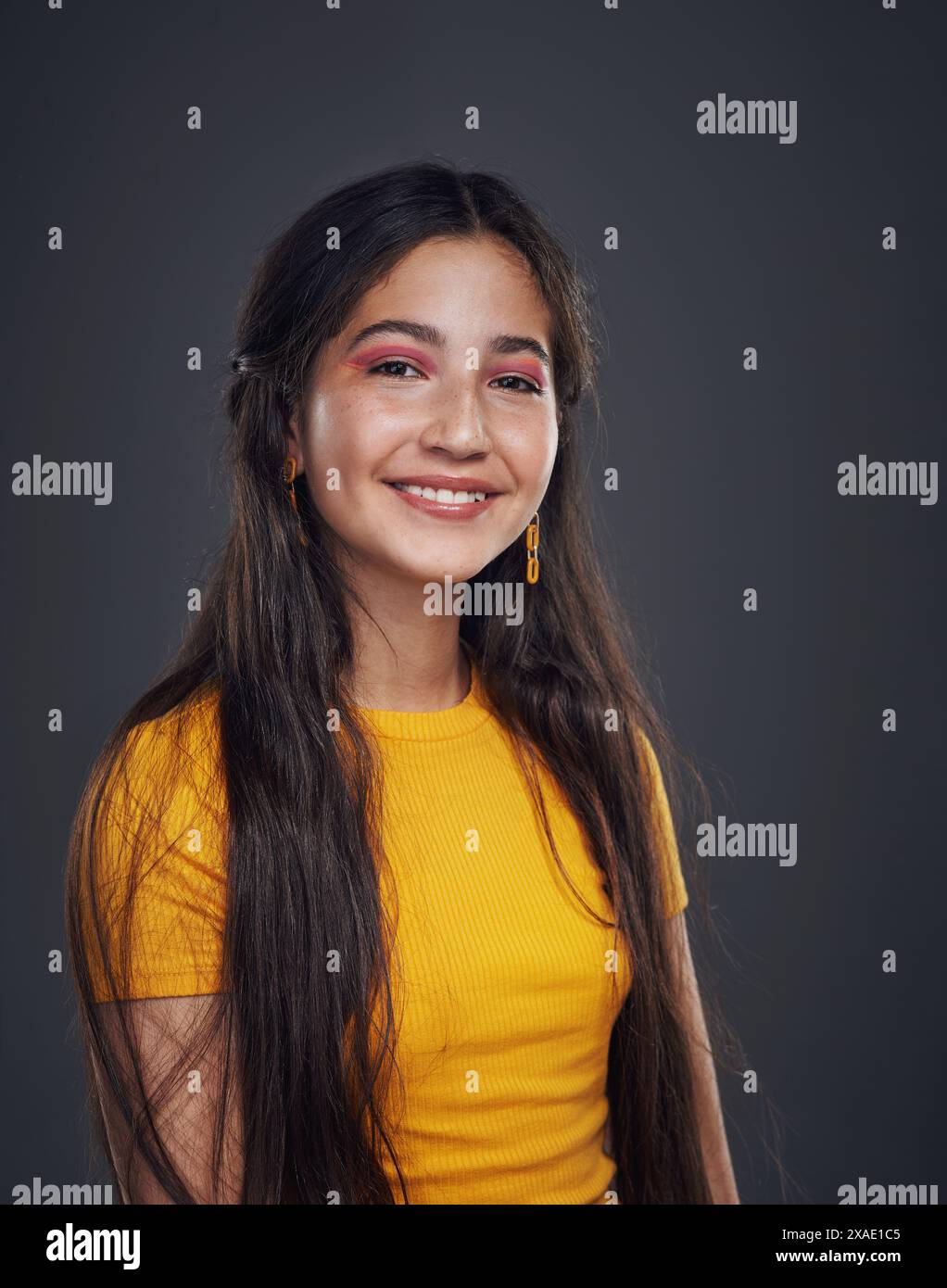 Portrait, teenager girl and smile with makeup for beauty, skin glow and ...