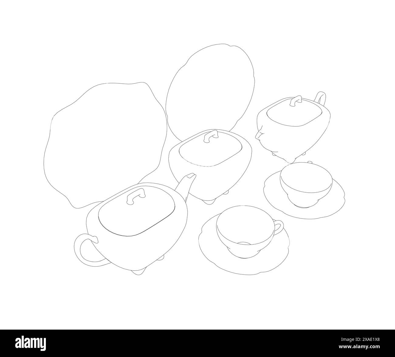 Contour illustration tea set. Teapot, milk jug, sugar bowl and cups and ...