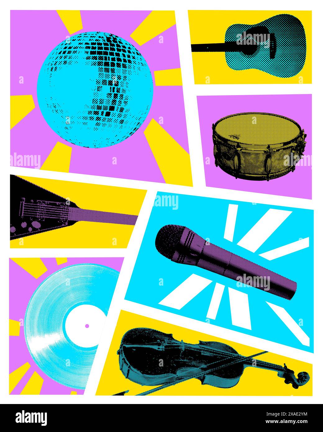 Collection of musical instruments, including microphone, disco ball ...