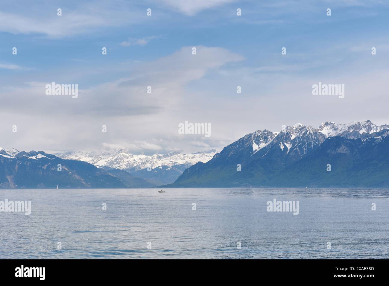 Landscape image of swiss Alps and lake Geneva in early spring, Lausanne ...