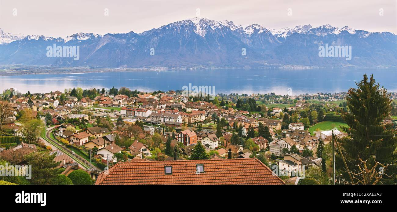 Panoramic banner with landscape view of swiss alpine mountains and ...