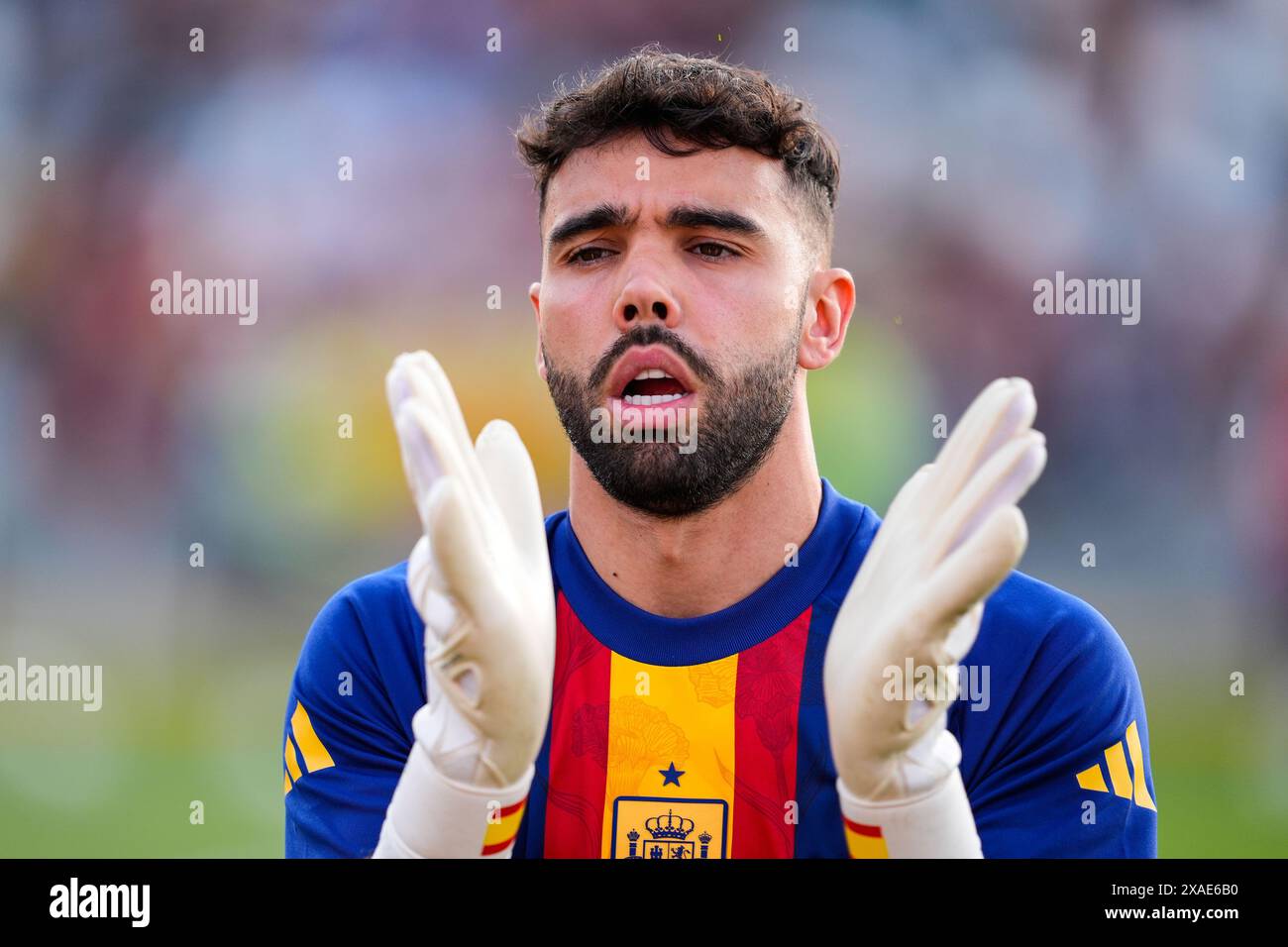 David Raya of Spain warms up during the International Friendly football ...