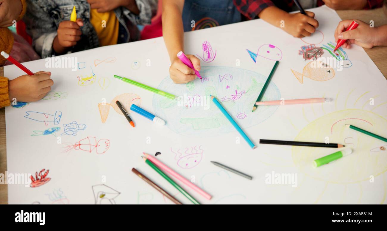 Children, friends and hands drawing for creative project or school ...