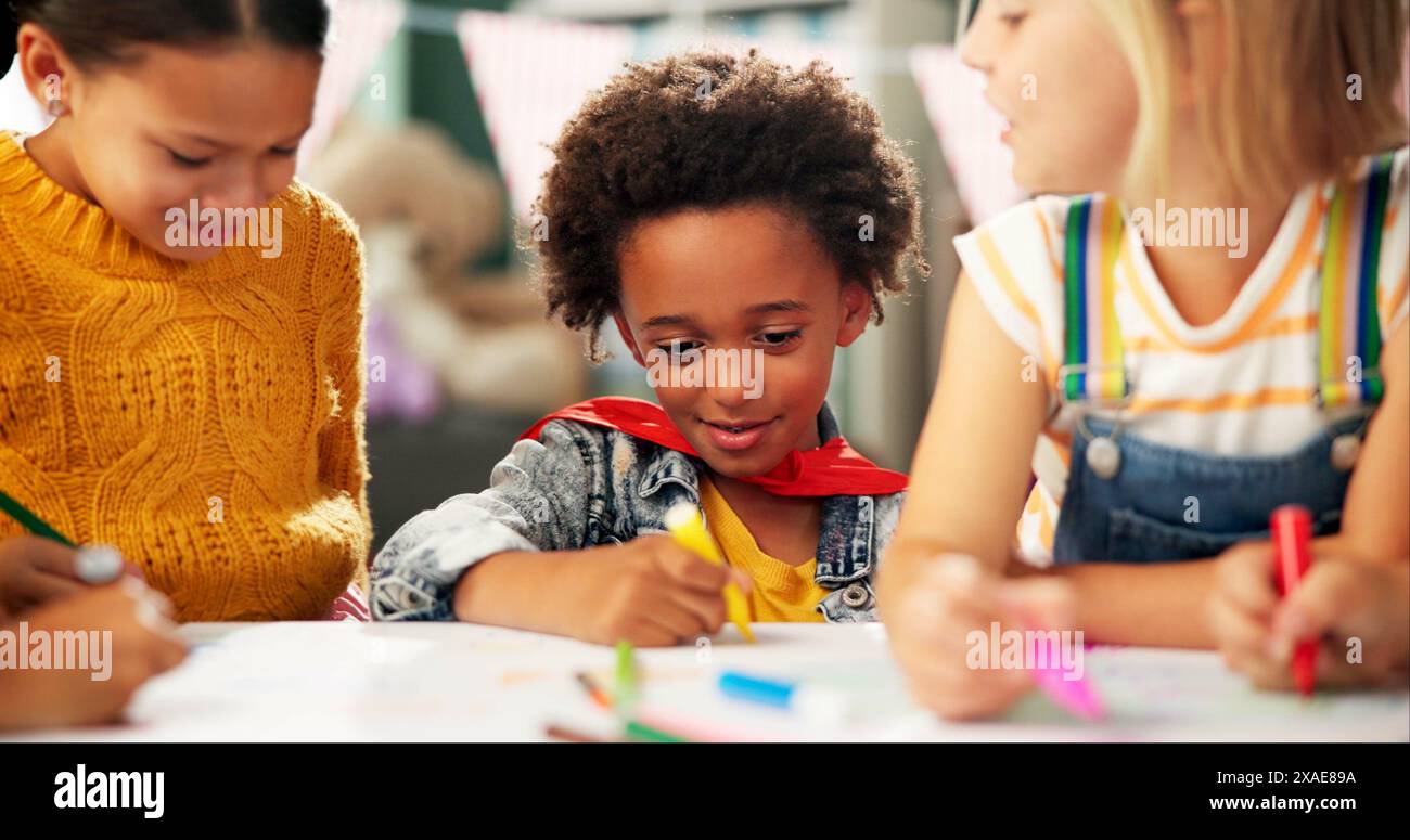 Happy children, drawing and paper with class in kindergarten for fun ...