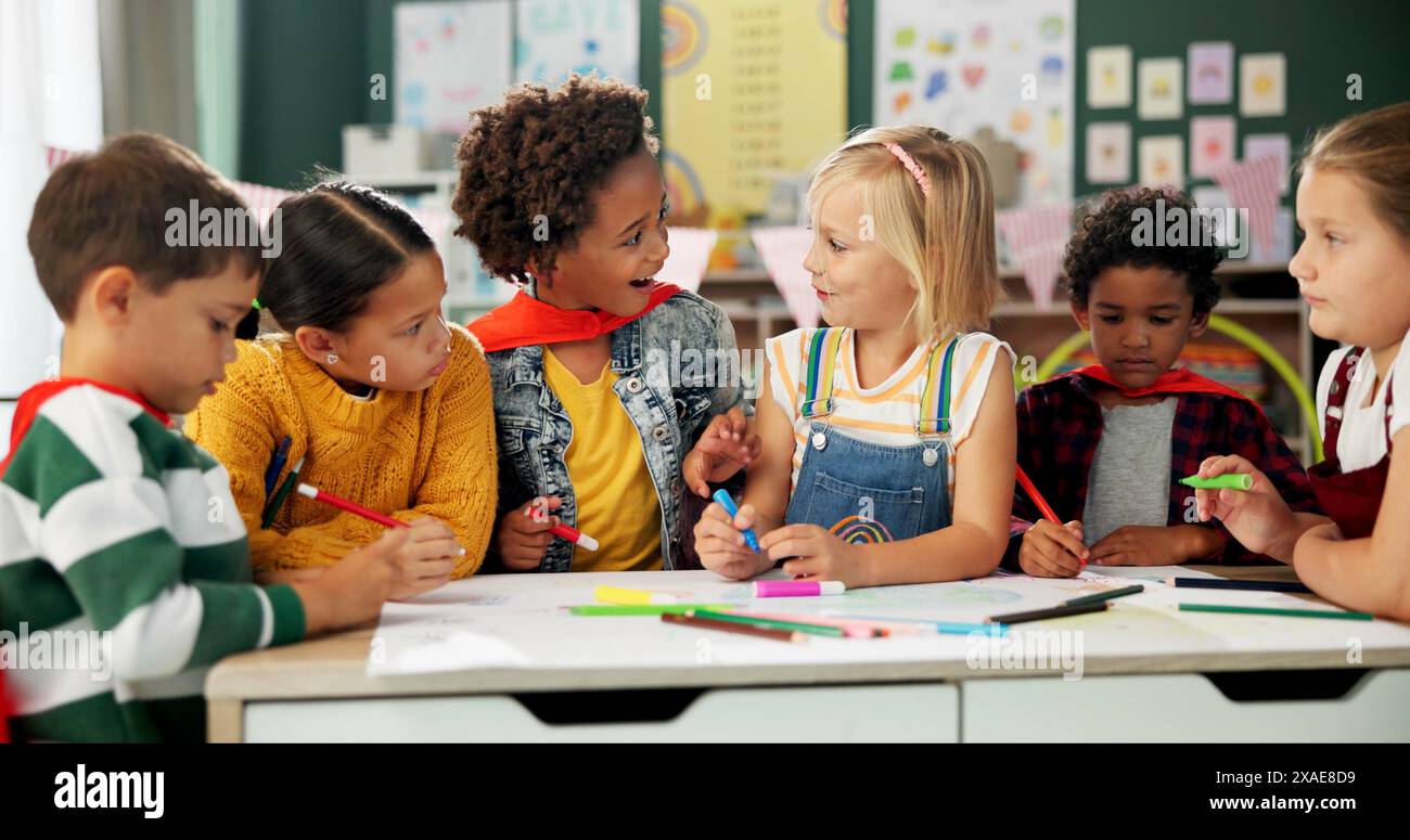 Happy children, drawing and coloring with classmates in kindergarten ...