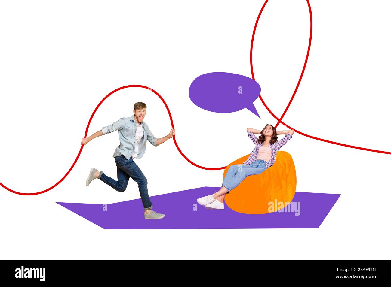 Creative picture collage young man happy woman runner sit textbox ...