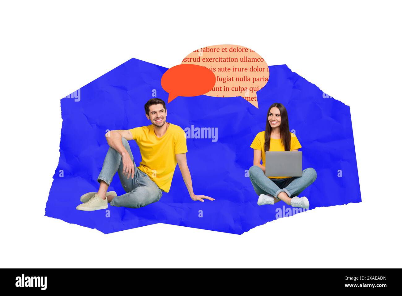 Creative picture collage young man woman sit computer communication ...