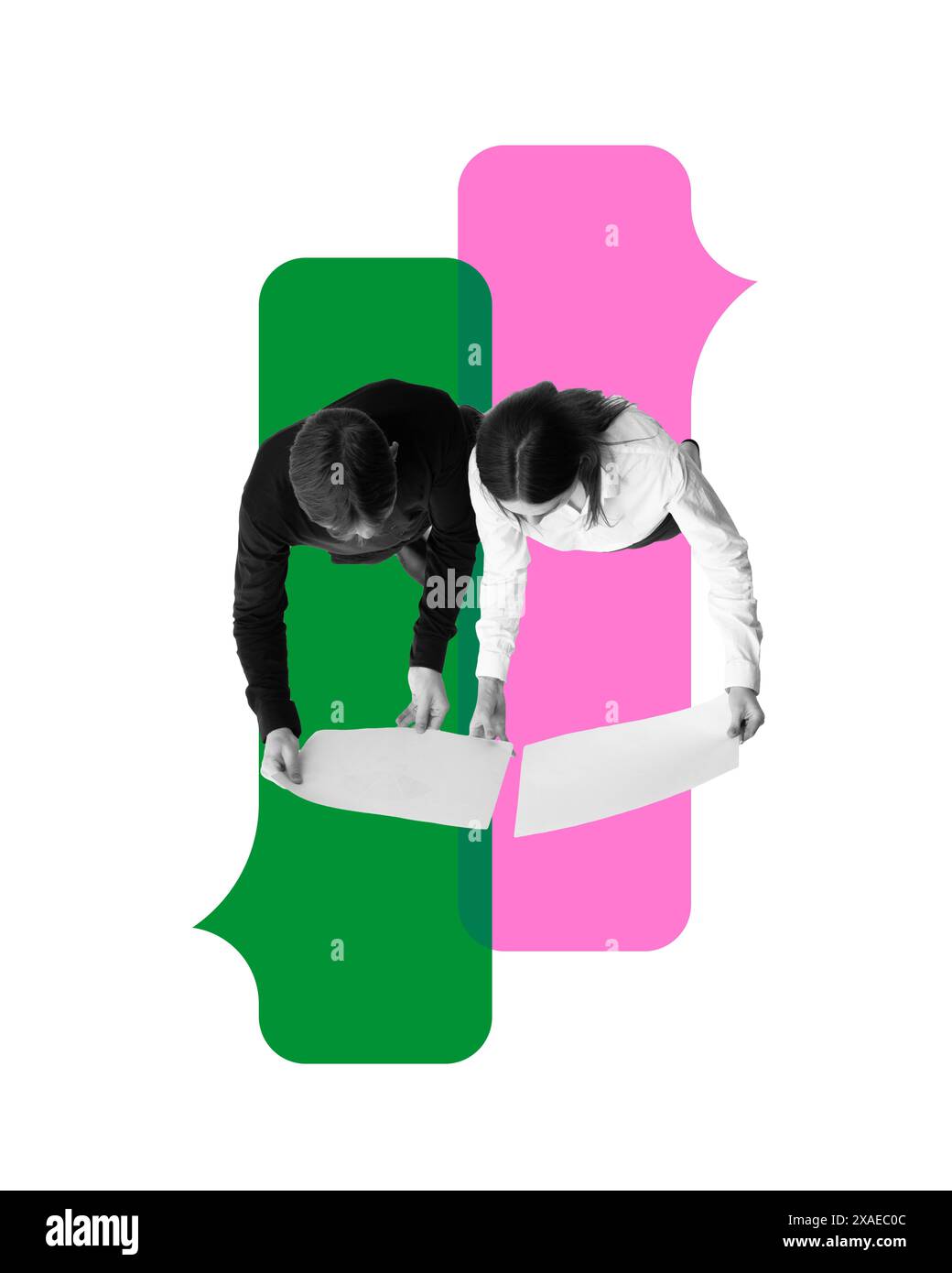 Two people, colleagues communicating about work, checking tasks and ...