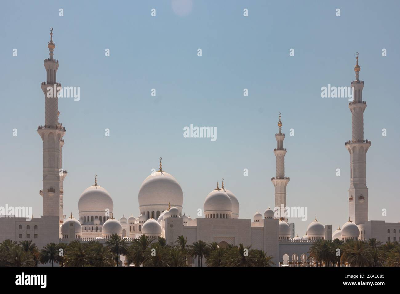 A view of Sheikh Zayed Grand Mosque with palm trees at sunset time ...