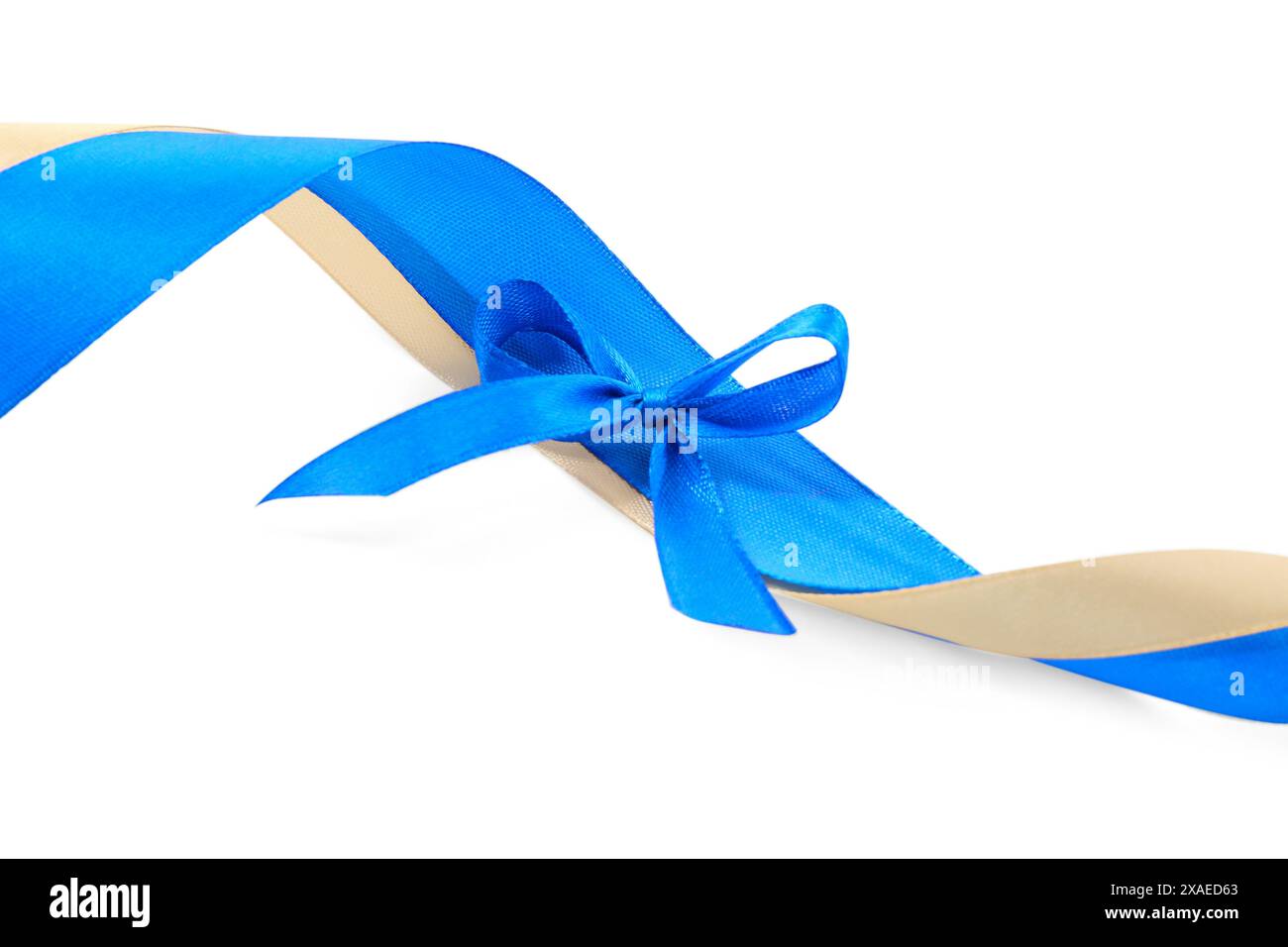 Golden and blue satin ribbons with bow isolated on white Stock Photo ...