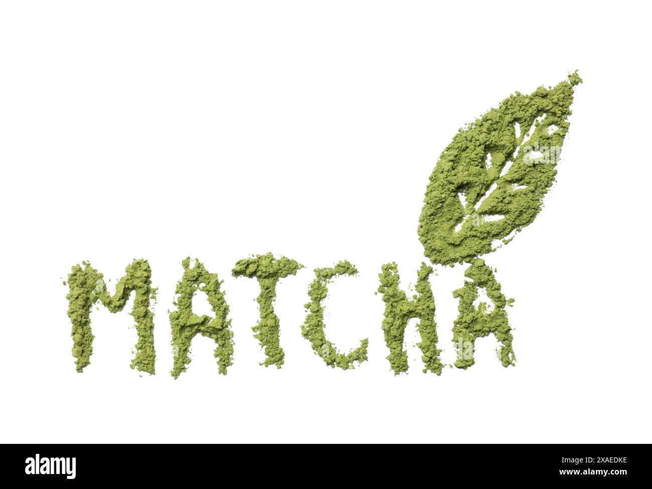 Word Matcha and leaf made of green powder isolated on white, top view ...