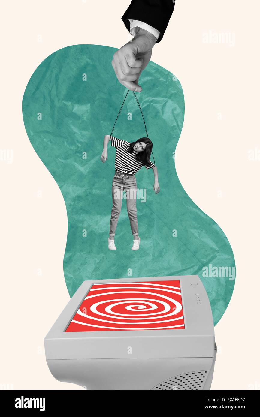 Creative collage of hand hold female puppet doll monitor tv propaganda ...