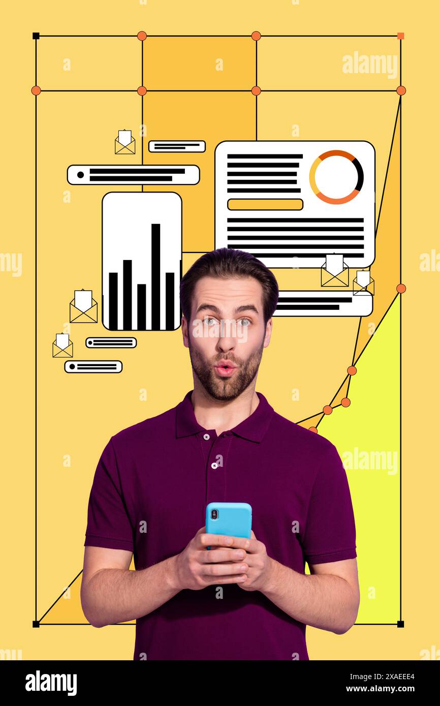 Creative collage of businessman manager data analysis earning money trading hold device bizarre ...