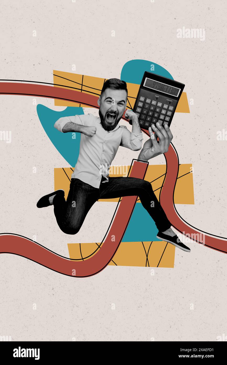 Vertical collage picture crazy energetic man calculator tool accountant ...