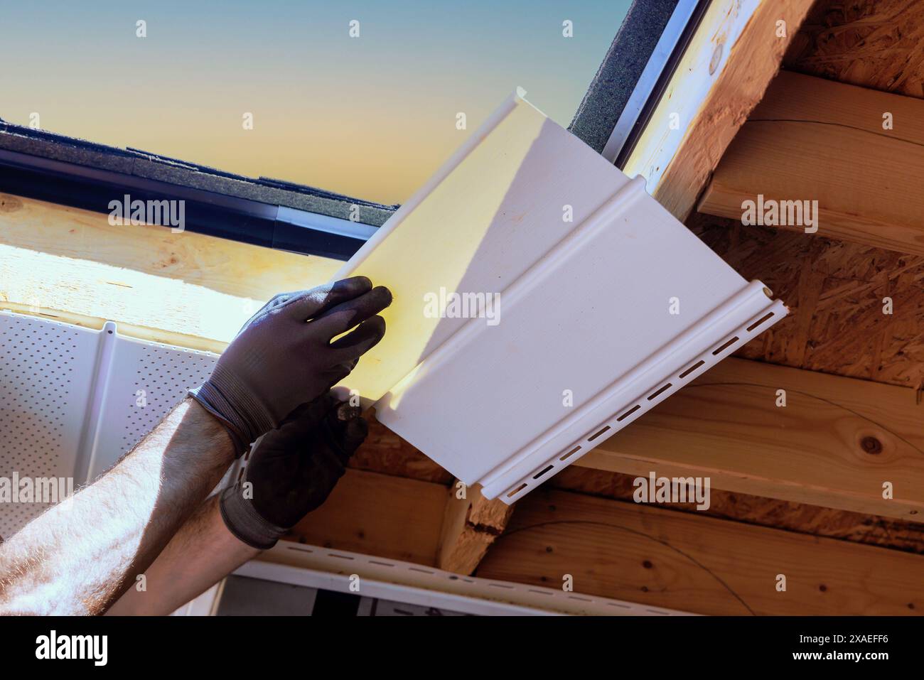 Nailing upvc soffit board installation at roof corner roof rafters ...
