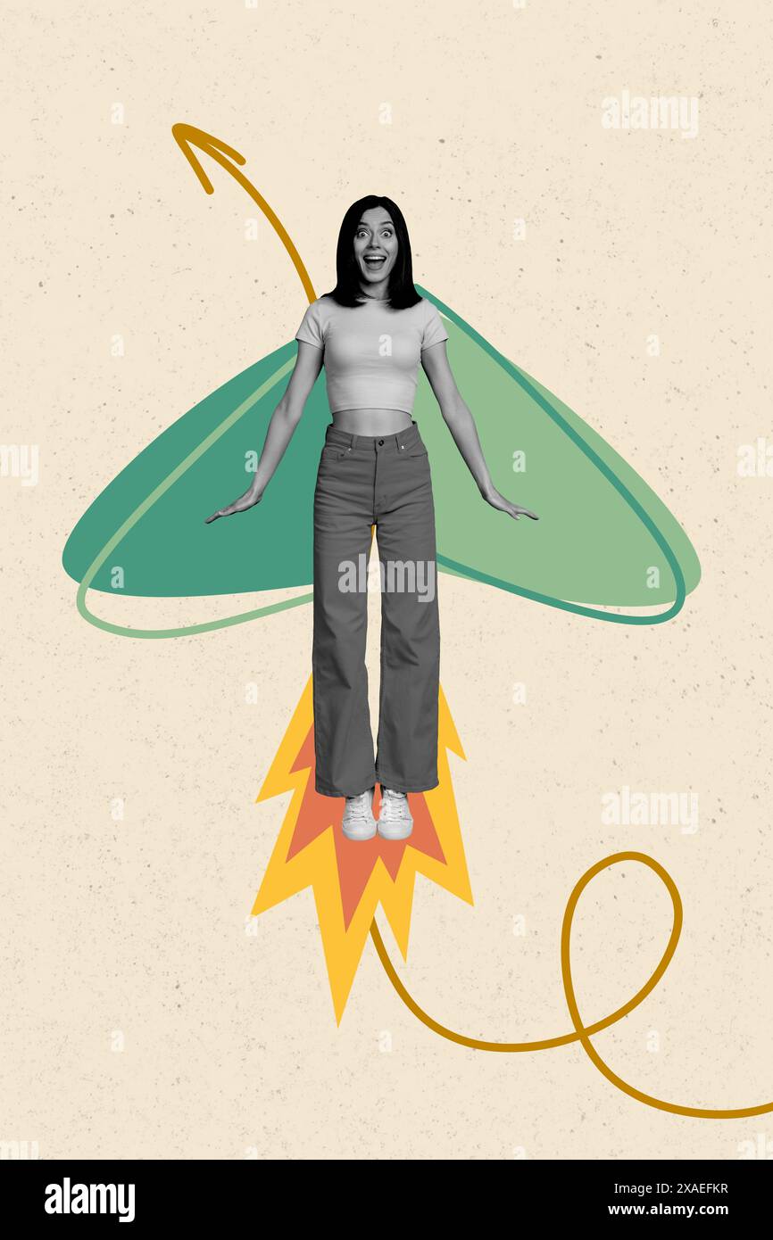 Creative trend collage of funny flying female arrow wings boost green ...