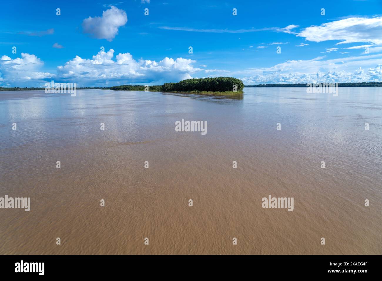 Beautiful Amazon rainforest landscape sailing between forested islands ...
