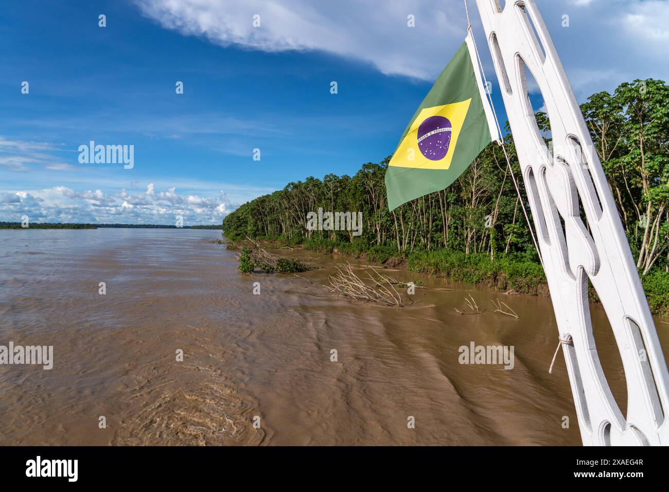 Brazil flag on boat sailing on river in Amazon rainforest beautiful ...