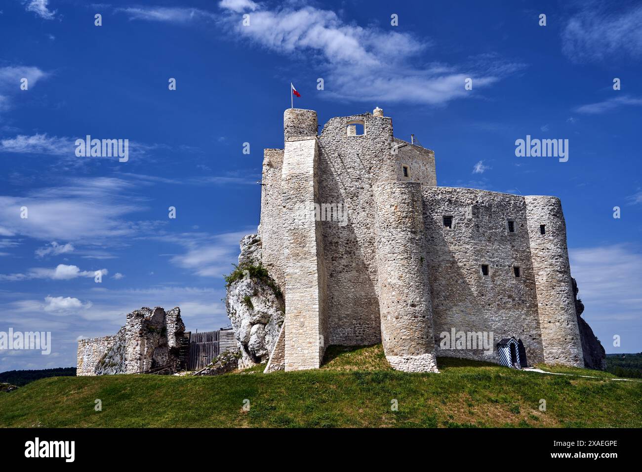 Ruins of a medieval castle on limestone rocks in the village of Mirow ...