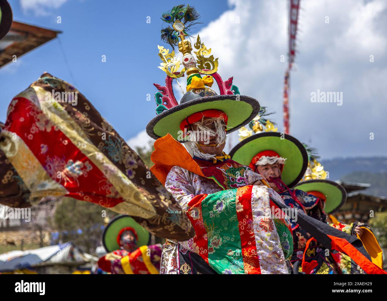 Dance of the hats during Ura Yakchoe festival, Bumthang, Ura, Bhutan ...