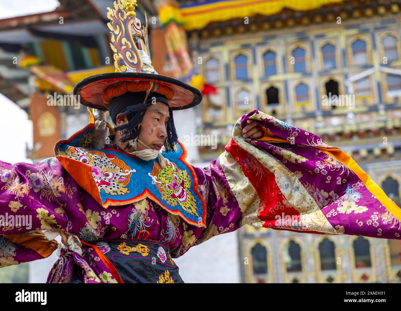 Dance of the hats during Ura Yakchoe festival, Bumthang, Ura, Bhutan ...